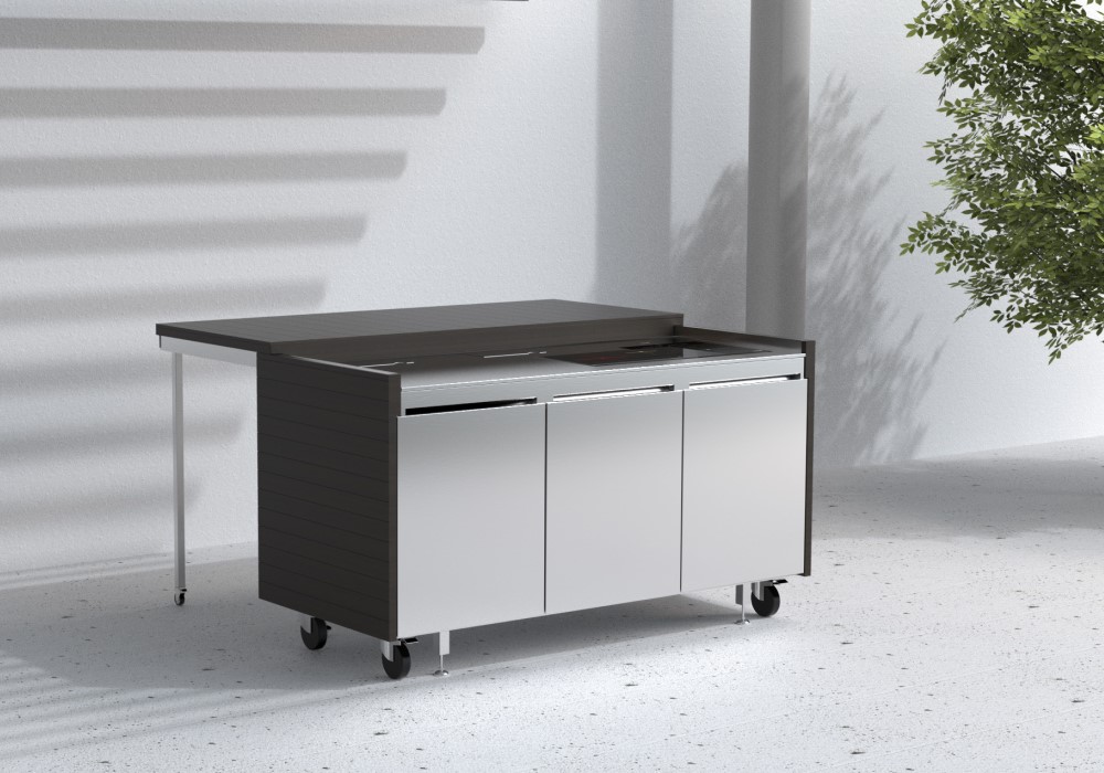 outdoor kitchen with induction cooking and bar table